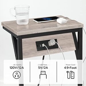 HOOBRO C Shaped End Table with Charging Station, Narrow Sofa Couch Side Table for Small Space, Industrial Bedside Table with Metal Frame for Living Room, Bedroom, Dorm, Greige and Black BG06USF01