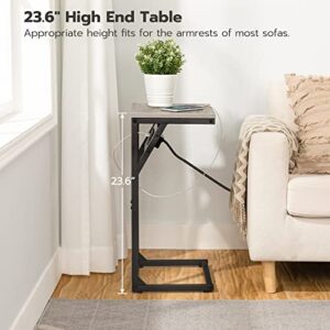 HOOBRO C Shaped End Table with Charging Station, Narrow Sofa Couch Side Table for Small Space, Industrial Bedside Table with Metal Frame for Living Room, Bedroom, Dorm, Greige and Black BG06USF01