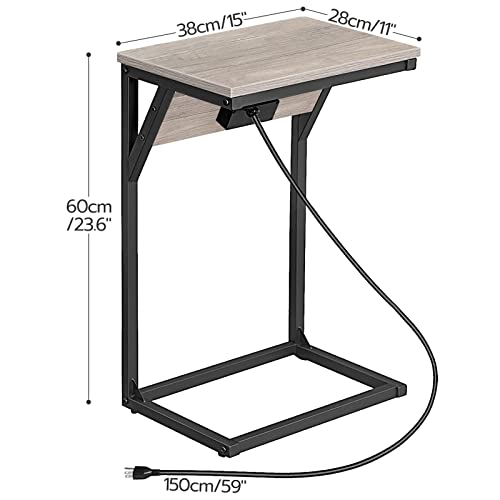 HOOBRO C Shaped End Table with Charging Station, Narrow Sofa Couch Side Table for Small Space, Industrial Bedside Table with Metal Frame for Living Room, Bedroom, Dorm, Greige and Black BG06USF01