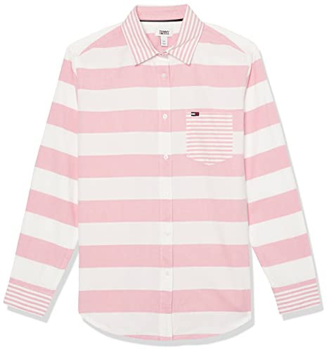 Tommy Hilfiger Women's Casual Collared Button Up Striped Shirt, Bright White/Confetti