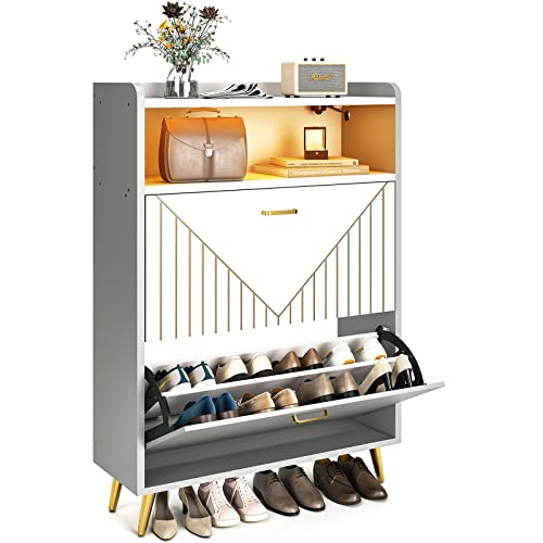 Aheaplus Shoe Cabinet with Flip Doors, Shoes Storage Organizer with Motion Sensor Led Light, Entryway Wood Freestanding Tipping Bucket Shoe Rack with Open Shelves for Closet, Living Room, Grey&White