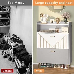 Aheaplus Shoe Cabinet with Flip Doors, Shoes Storage Organizer with Motion Sensor Led Light, Entryway Wood Freestanding Tipping Bucket Shoe Rack with Open Shelves for Closet, Living Room, Grey&White