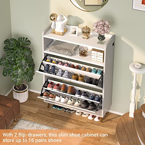 Aheaplus Shoe Cabinet with Flip Doors, Shoes Storage Organizer with Motion Sensor Led Light, Entryway Wood Freestanding Tipping Bucket Shoe Rack with Open Shelves for Closet, Living Room, Grey&White