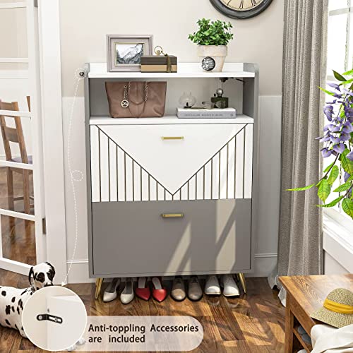 Aheaplus Shoe Cabinet with Flip Doors, Shoes Storage Organizer with Motion Sensor Led Light, Entryway Wood Freestanding Tipping Bucket Shoe Rack with Open Shelves for Closet, Living Room, Grey&White