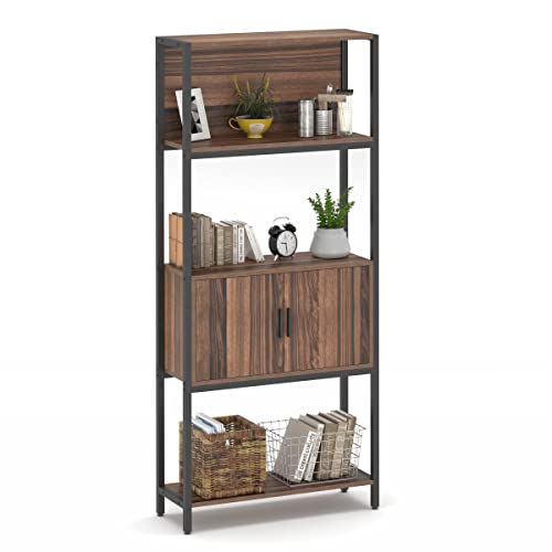 CharaVector 5-Tier Bookshelf with Doors,Tall Bookshelf with Cabinet, Rustic Wood Bookshelf for Bedroom, Industrial Bookcase for Living Room, Home Office, Walnut Brown