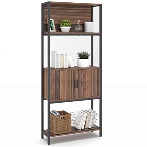 CharaVector 5-Tier Bookshelf with Doors,Tall Bookshelf with Cabinet, Rustic Wood Bookshelf for Bedroom, Industrial Bookcase for Living Room, Home Office, Walnut Brown