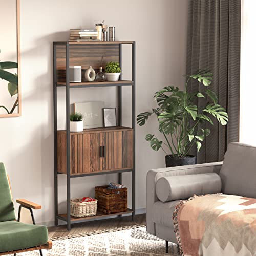 CharaVector 5-Tier Bookshelf with Doors,Tall Bookshelf with Cabinet, Rustic Wood Bookshelf for Bedroom, Industrial Bookcase for Living Room, Home Office, Walnut Brown