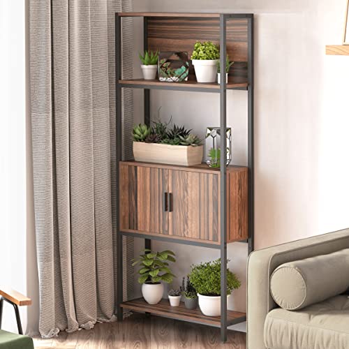 CharaVector 5-Tier Bookshelf with Doors,Tall Bookshelf with Cabinet, Rustic Wood Bookshelf for Bedroom, Industrial Bookcase for Living Room, Home Office, Walnut Brown