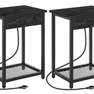 melos Nightstands Set of 2 with Charging Station, 2 Tier Bedside Table with USB Ports and Outlets, Narrow End Table with Storage Shelf, Side Tables for Bedroom, Living Room, Black