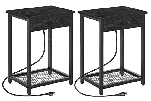 melos Nightstands Set of 2 with Charging Station, 2 Tier Bedside Table with USB Ports and Outlets, Narrow End Table with Storage Shelf, Side Tables for Bedroom, Living Room, Black