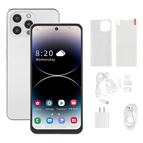 Unlocked Smartphones I14 Pro Max Android 12, 6.7inch HD Full Screen Gaming Phone Upgraded 4G Cell Phone 4GB RAM 128GB Face ID Fingerprint Unlocked Mobile Cellphones (White)(US Plug-White)