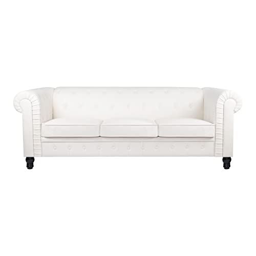 Naomi Home Emery Chesterfield Sofa with Rolled Arms, Tufted Cushions / 3 Seater Sectional Sofa Couch for Small Spaces, Living Room, Bedroom, Apartment Easy Tool-Free Assembly – White