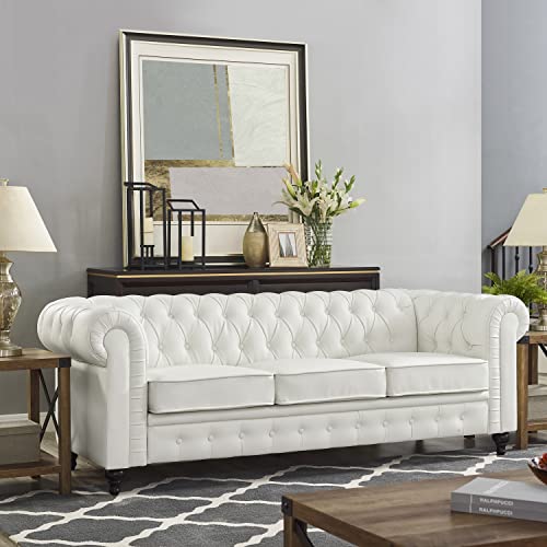 Naomi Home Emery Chesterfield Sofa with Rolled Arms, Tufted Cushions / 3 Seater Sectional Sofa Couch for Small Spaces, Living Room, Bedroom, Apartment Easy Tool-Free Assembly – White