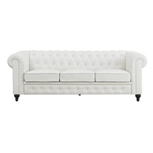 Naomi Home Emery Chesterfield Sofa with Rolled Arms, Tufted Cushions / 3 Seater Sectional Sofa Couch for Small Spaces, Living Room, Bedroom, Apartment Easy Tool-Free Assembly – White