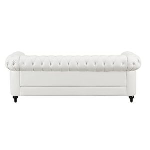 Naomi Home Emery Chesterfield Sofa with Rolled Arms, Tufted Cushions / 3 Seater Sectional Sofa Couch for Small Spaces, Living Room, Bedroom, Apartment Easy Tool-Free Assembly – White