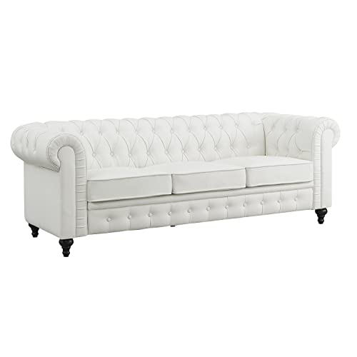 Naomi Home Emery Chesterfield Sofa with Rolled Arms, Tufted Cushions / 3 Seater Sectional Sofa Couch for Small Spaces, Living Room, Bedroom, Apartment Easy Tool-Free Assembly – White