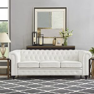 Naomi Home Emery Chesterfield Sofa with Rolled Arms, Tufted Cushions / 3 Seater Sectional Sofa Couch for Small Spaces, Living Room, Bedroom, Apartment Easy Tool-Free Assembly – White