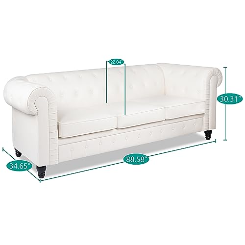 Naomi Home Emery Chesterfield Sofa with Rolled Arms, Tufted Cushions / 3 Seater Sectional Sofa Couch for Small Spaces, Living Room, Bedroom, Apartment Easy Tool-Free Assembly – White