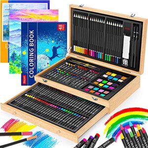 art supplies, ibayam 150-pack deluxe wooden art set crafts drawing painting kit with 1 coloring book, 2 sketch pads, creative gift box for adults artist beginners kids girls boys