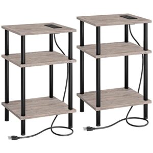 hoobro set of 2 side tables with charging station and usb ports, 3-layer stackable nightstands, end tables for small spaces in bedroom, living room, industrial style, greige and black bg10ubzp201