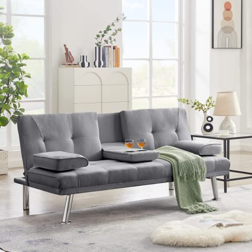 Anwickmak Convertible Folding Futon Sofa Bed, Fabric Linen Upholstered Modern Couch Loveseat Sleeper, Folding Daybed Guest Bed, Removable Armrests, 2 Cup Holders, Metal Legs (Gray)