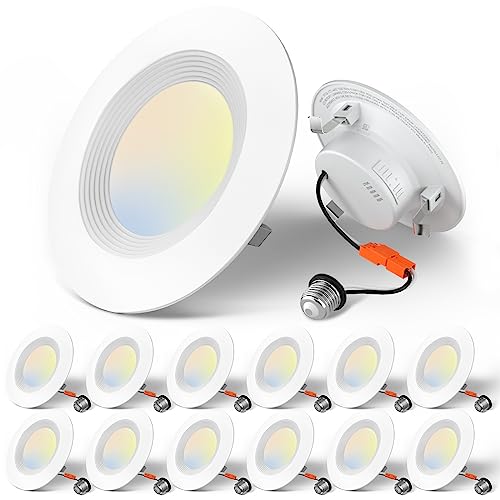 Amico 4 inch 5CCT LED Recessed Lighting 12 Pack, Dimmable, Damp Rated, 9W=60W, 650LM Can Lights with Baffle Trim, 2700K/3000K/4000K/5000K/6000K Selectable, Retrofit Installation - ETL & FCC Certified