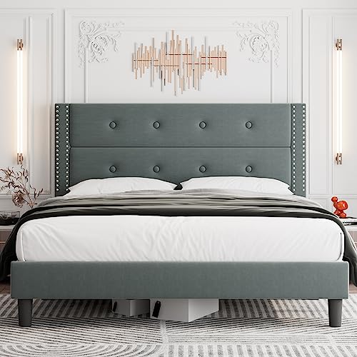 Feonase King Size Bed Frame, Modern Velvet Upholstered Platform Bed Frame with Button Tufting Headboard, Solid Wood Slats Support, No Box Spring Needed, Easy Assembly, Grey