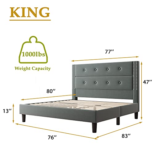 Feonase King Size Bed Frame, Modern Velvet Upholstered Platform Bed Frame with Button Tufting Headboard, Solid Wood Slats Support, No Box Spring Needed, Easy Assembly, Grey