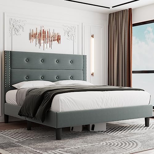 Feonase King Size Bed Frame, Modern Velvet Upholstered Platform Bed Frame with Button Tufting Headboard, Solid Wood Slats Support, No Box Spring Needed, Easy Assembly, Grey