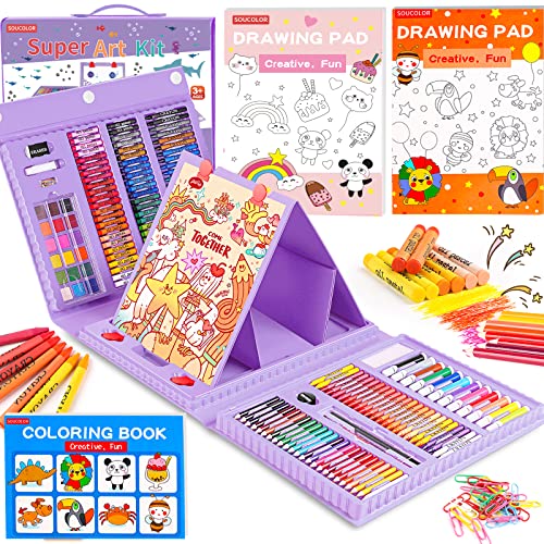 Soucolor Art Supplies, 283 Pieces Drawing Set Art Kits with Trifold Easel, 2 Drawing Pads, 1 Coloring Book, Crayons, Pastels, Arts and Crafts Gifts Case for Kids Girls Boys Teens Beginners (Purple)