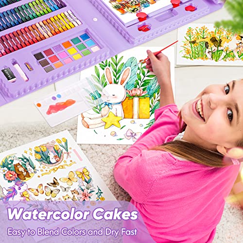 Soucolor Art Supplies, 283 Pieces Drawing Set Art Kits with Trifold Easel, 2 Drawing Pads, 1 Coloring Book, Crayons, Pastels, Arts and Crafts Gifts Case for Kids Girls Boys Teens Beginners (Purple)