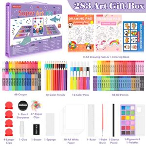 Soucolor Art Supplies, 283 Pieces Drawing Set Art Kits with Trifold Easel, 2 Drawing Pads, 1 Coloring Book, Crayons, Pastels, Arts and Crafts Gifts Case for Kids Girls Boys Teens Beginners (Purple)