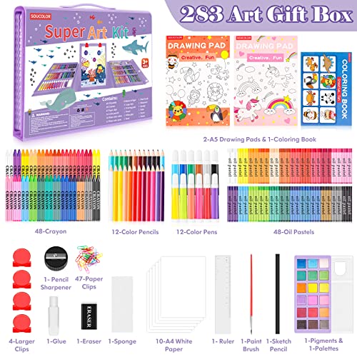 Soucolor Art Supplies, 283 Pieces Drawing Set Art Kits with Trifold Easel, 2 Drawing Pads, 1 Coloring Book, Crayons, Pastels, Arts and Crafts Gifts Case for Kids Girls Boys Teens Beginners (Purple)