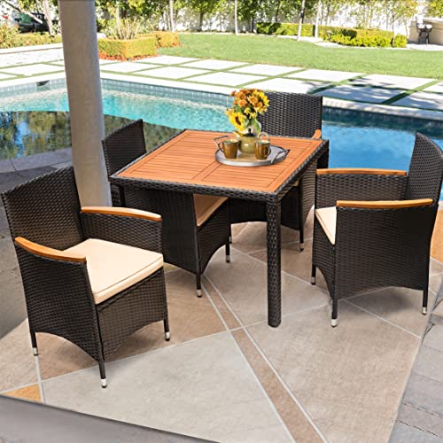 Flamaker 5 Piece Patio Dining Set Outdoor Acacia Wood Table and Chairs with Soft Cushions Wicker Patio Furniture for Deck, Backyard, Garden