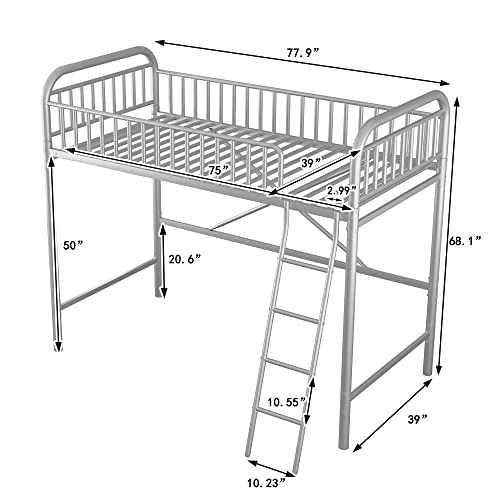 Merax Twin Size Metal Loft Bed, No Box Spring Needed, Silver