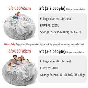 YudouTech Bean Bag Chair Cover(Cover Only,No Filler),Big Round Soft Fluffy PV Velvet Washable Bean Bag Lazy Sofa Bed Cover for Adults,Living Room Bedroom Furniture Outside Cover,5ft Snow Grey.