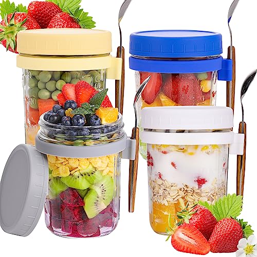 EOUOBOMO Overnight Oats Containers w. Lids and Spoons,Overnight Oats Mason Jars w.Airtight Lids for Milk,Oatmeal Glass Mason Jars w. Measurement Marks for Cereal On The Go Containers,12oz,Set of 4