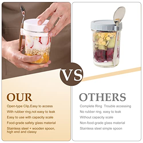 EOUOBOMO Overnight Oats Containers w. Lids and Spoons,Overnight Oats Mason Jars w.Airtight Lids for Milk,Oatmeal Glass Mason Jars w. Measurement Marks for Cereal On The Go Containers,12oz,Set of 4