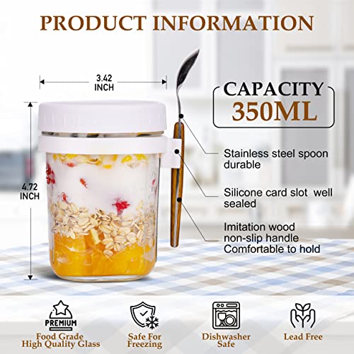 EOUOBOMO Overnight Oats Containers w. Lids and Spoons,Overnight Oats Mason Jars w.Airtight Lids for Milk,Oatmeal Glass Mason Jars w. Measurement Marks for Cereal On The Go Containers,12oz,Set of 4