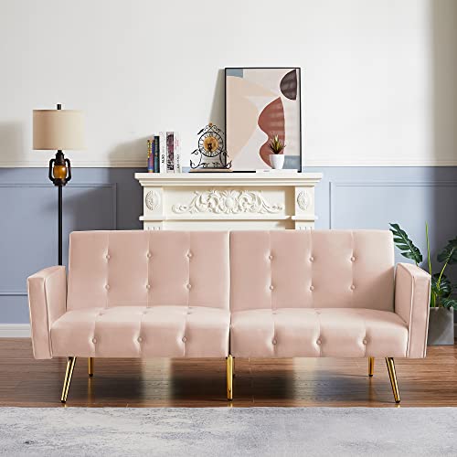 hansones Modern Velvet Button Tufted Folding Futon Sofa Bed with Armrest and Metal Legs for Living Room (Pink)