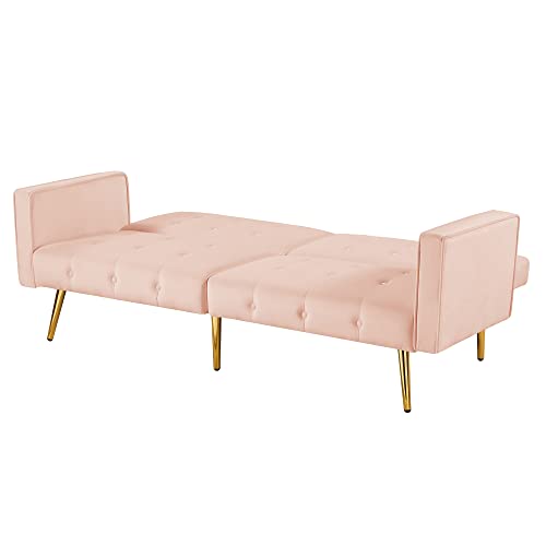 hansones Modern Velvet Button Tufted Folding Futon Sofa Bed with Armrest and Metal Legs for Living Room (Pink)