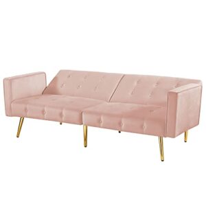 hansones Modern Velvet Button Tufted Folding Futon Sofa Bed with Armrest and Metal Legs for Living Room (Pink)