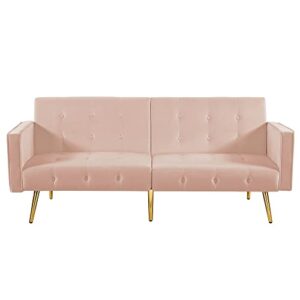 hansones Modern Velvet Button Tufted Folding Futon Sofa Bed with Armrest and Metal Legs for Living Room (Pink)