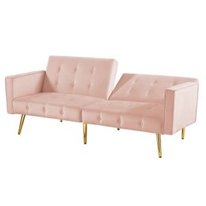 hansones Modern Velvet Button Tufted Folding Futon Sofa Bed with Armrest and Metal Legs for Living Room (Pink)