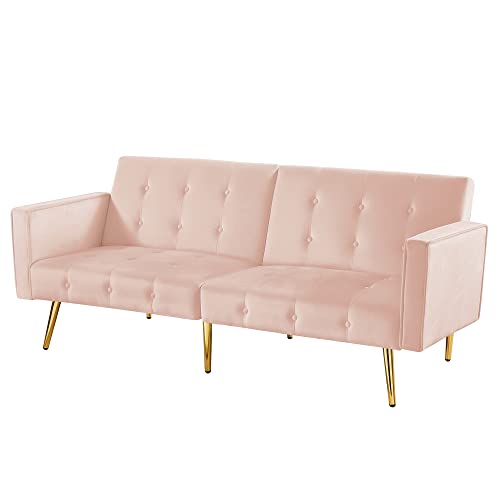 hansones Modern Velvet Button Tufted Folding Futon Sofa Bed with Armrest and Metal Legs for Living Room (Pink)