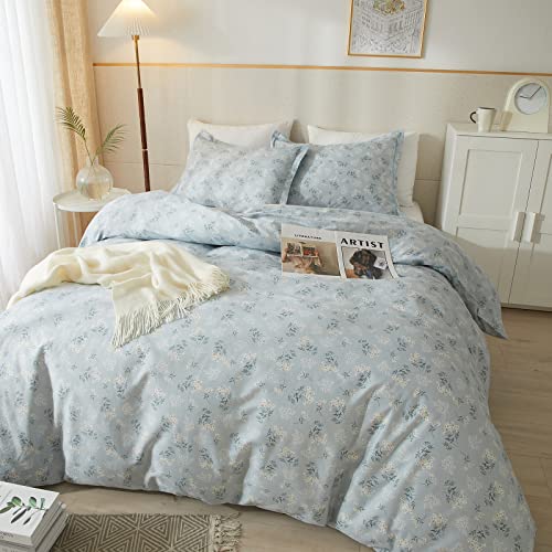 HighBuy Boho Floral Duvet Cover Queen Cotton Aesthetic Blue Floral Queen Comforter Cover Set Lightweight Soft Garden Style Bedding Set Duvet Cover Set Zipper Closure Breathable