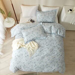 HighBuy Boho Floral Duvet Cover Queen Cotton Aesthetic Blue Floral Queen Comforter Cover Set Lightweight Soft Garden Style Bedding Set Duvet Cover Set Zipper Closure Breathable