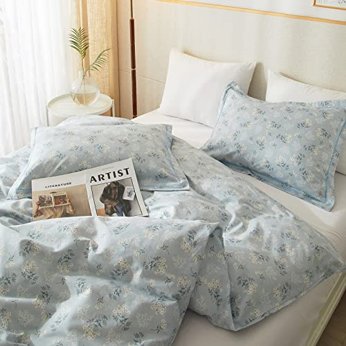 HighBuy Boho Floral Duvet Cover Queen Cotton Aesthetic Blue Floral Queen Comforter Cover Set Lightweight Soft Garden Style Bedding Set Duvet Cover Set Zipper Closure Breathable