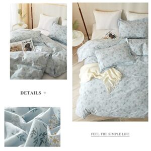 HighBuy Boho Floral Duvet Cover Queen Cotton Aesthetic Blue Floral Queen Comforter Cover Set Lightweight Soft Garden Style Bedding Set Duvet Cover Set Zipper Closure Breathable