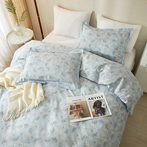 HighBuy Boho Floral Duvet Cover Queen Cotton Aesthetic Blue Floral Queen Comforter Cover Set Lightweight Soft Garden Style Bedding Set Duvet Cover Set Zipper Closure Breathable